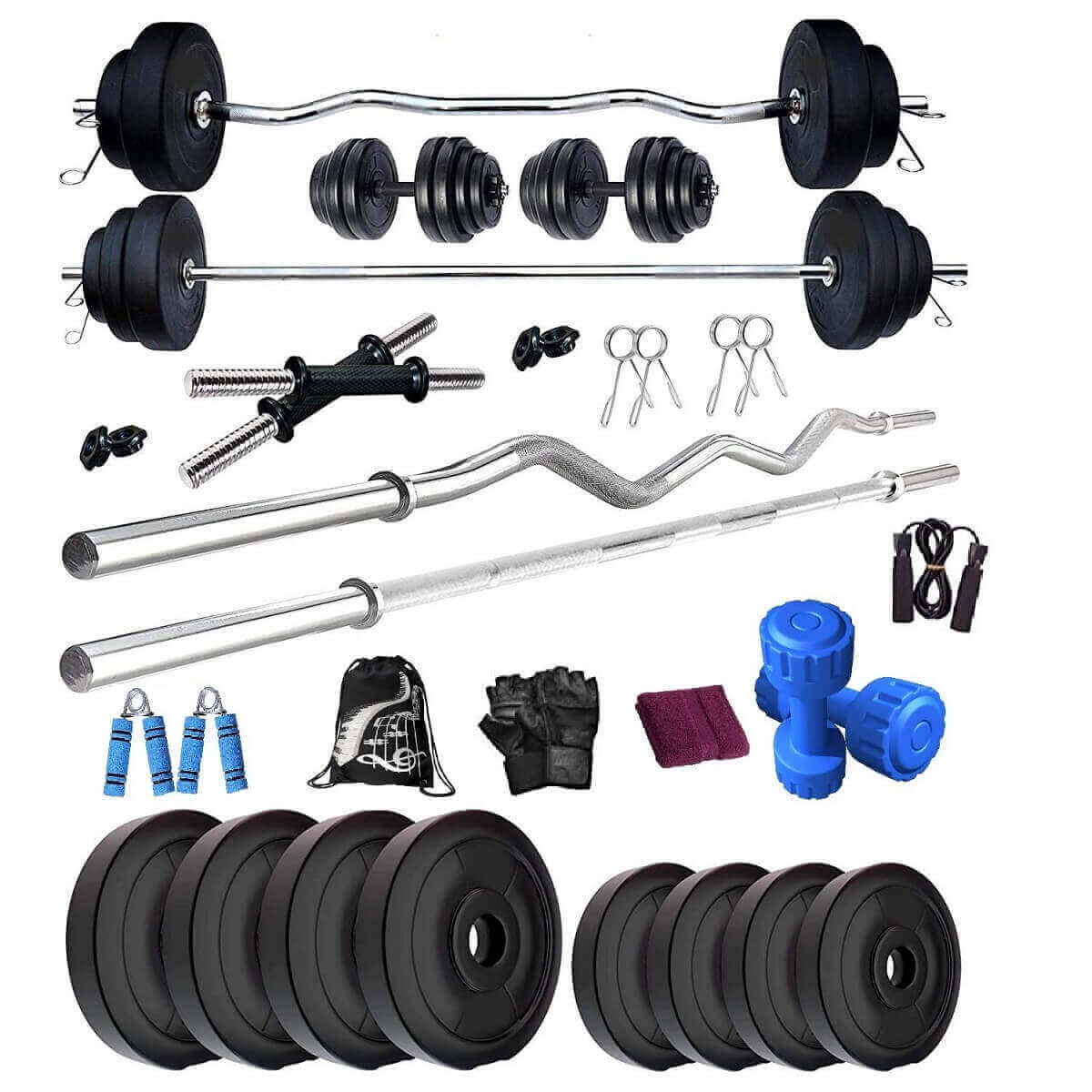 Bodyfit Deluxe Home Gym Set 38 KG Weight Plates 4 RODS & Fitness kit ...