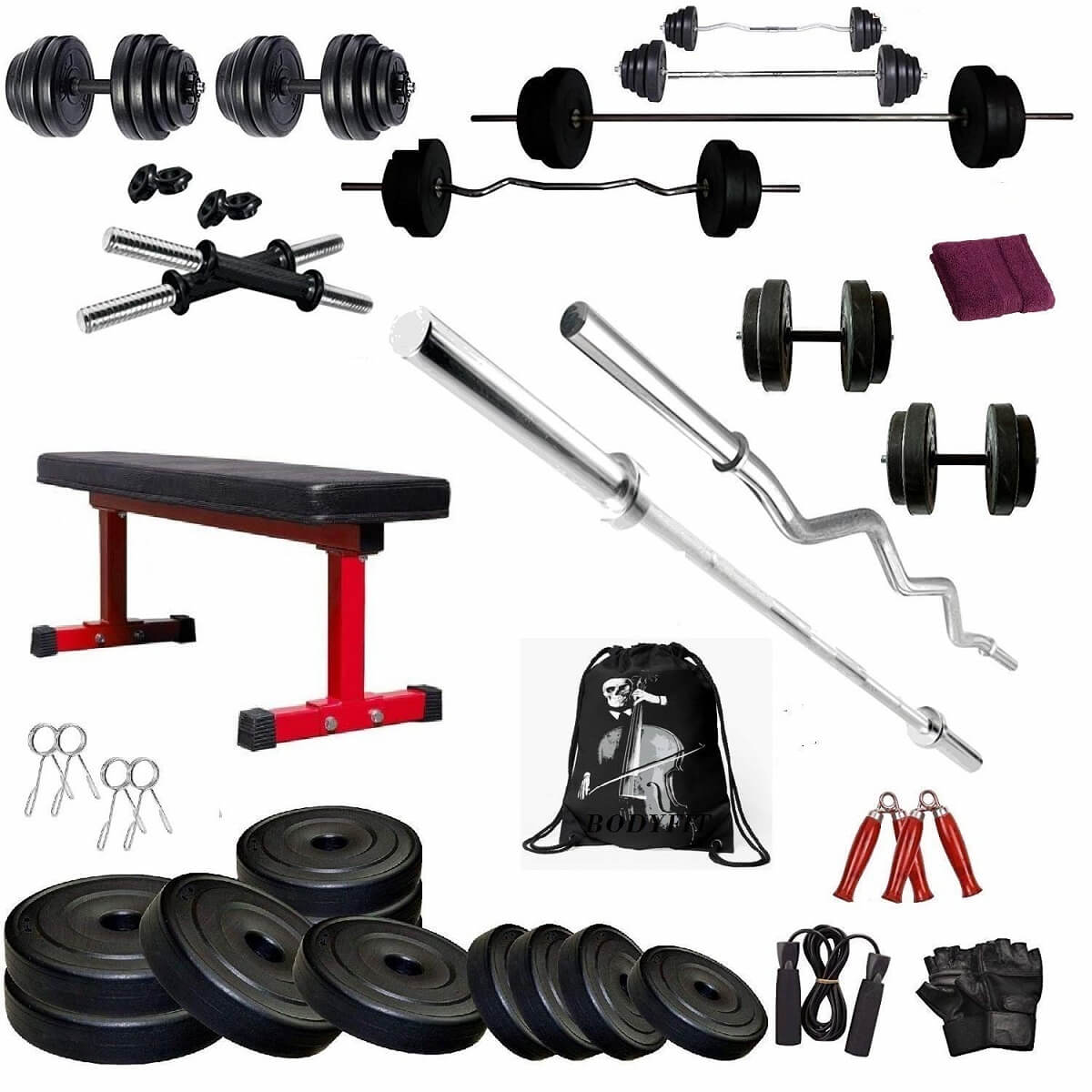 Bodyfit Home Gym Flat Bench with 36 KG Weight Plates 4 RODS Exercise G ...