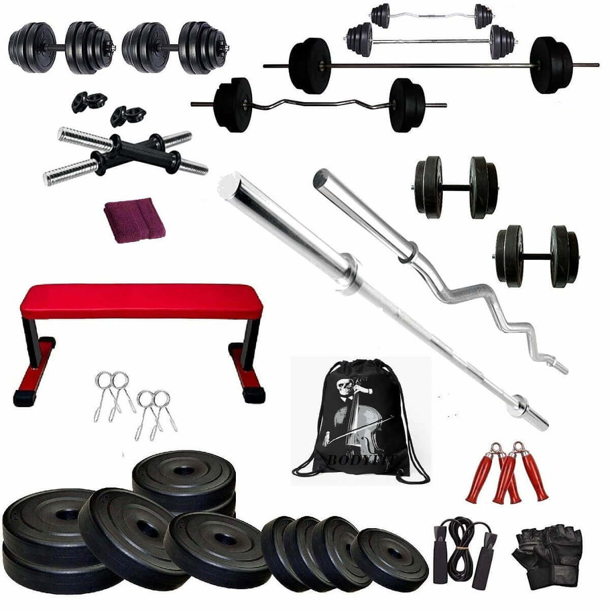 Bodyfit 70 Kg Weight Plates Home Gym Flat Bench,5ft,3ft Rod N 2 Dumbbe ...