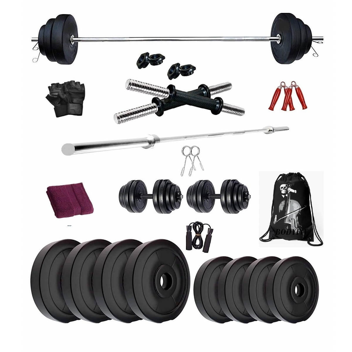 Bodyfit Home Gym Combo, PVC Weight Plates Combo Gym Bag with Accessori ...