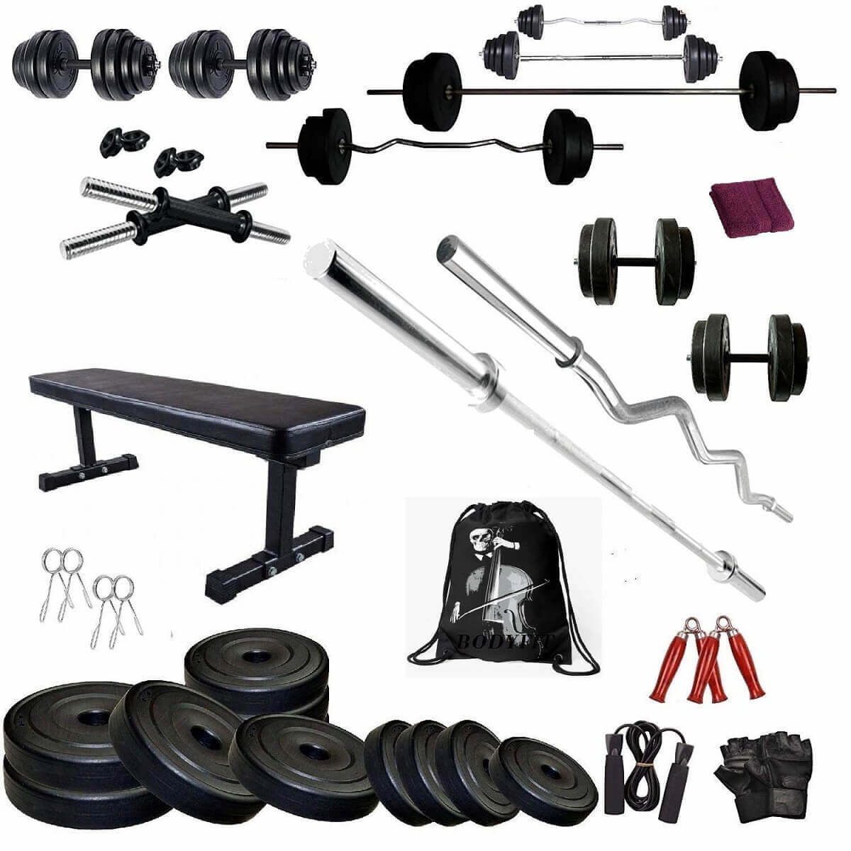 Bodyfit Home Gym Heavy Flat Bench 100 KG Weight Plates Fitness kit ...