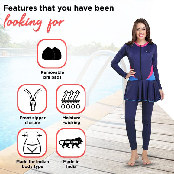 Rovars Poly – Jersy Full Body Swimming Costume for Women-(Navy/Pink ...